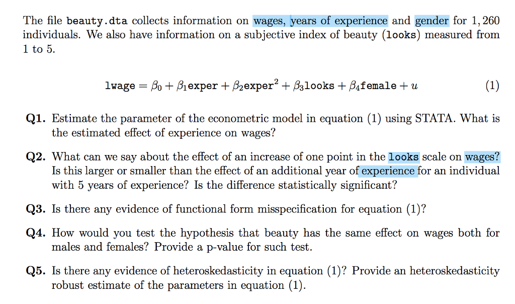 The file beauty.dta collects information on wages, | Chegg.com