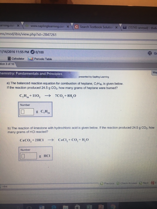 Solved The balanced reaction equation combustion of heptane, | Chegg.com