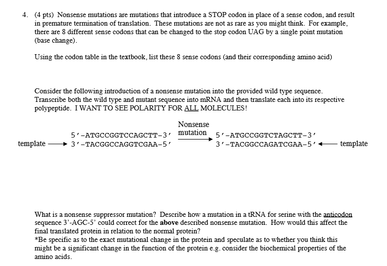 Solved 4. (4 pts) Nonsense mutations are mutations that | Chegg.com