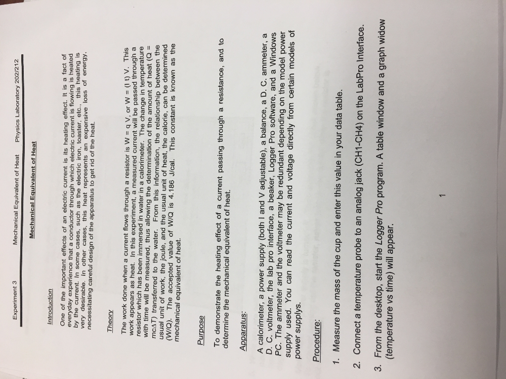 Experiment 3 Mechanical Equivalent of Heat Physics | Chegg.com