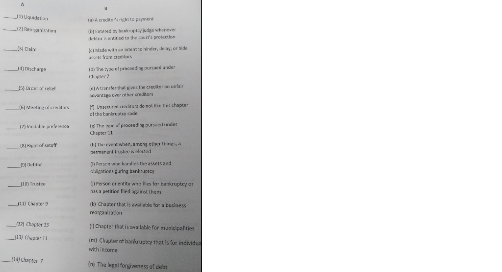 Solved _____(1) Liquidation _____(2) Reorganization | Chegg.com