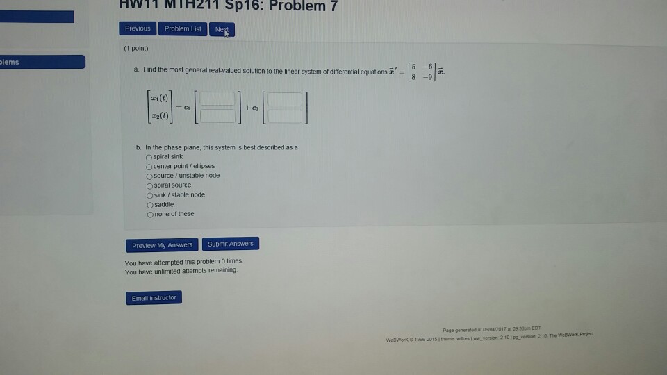 Solved HW11 M H211 Sp16: Problem 7 Previous Problem List Ne | Chegg.com