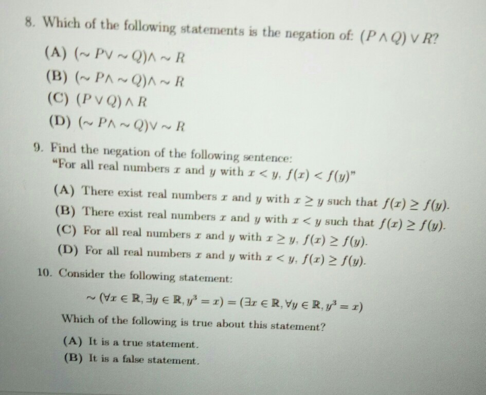 Solved 8. Which of the following statements is the negation | Chegg.com
