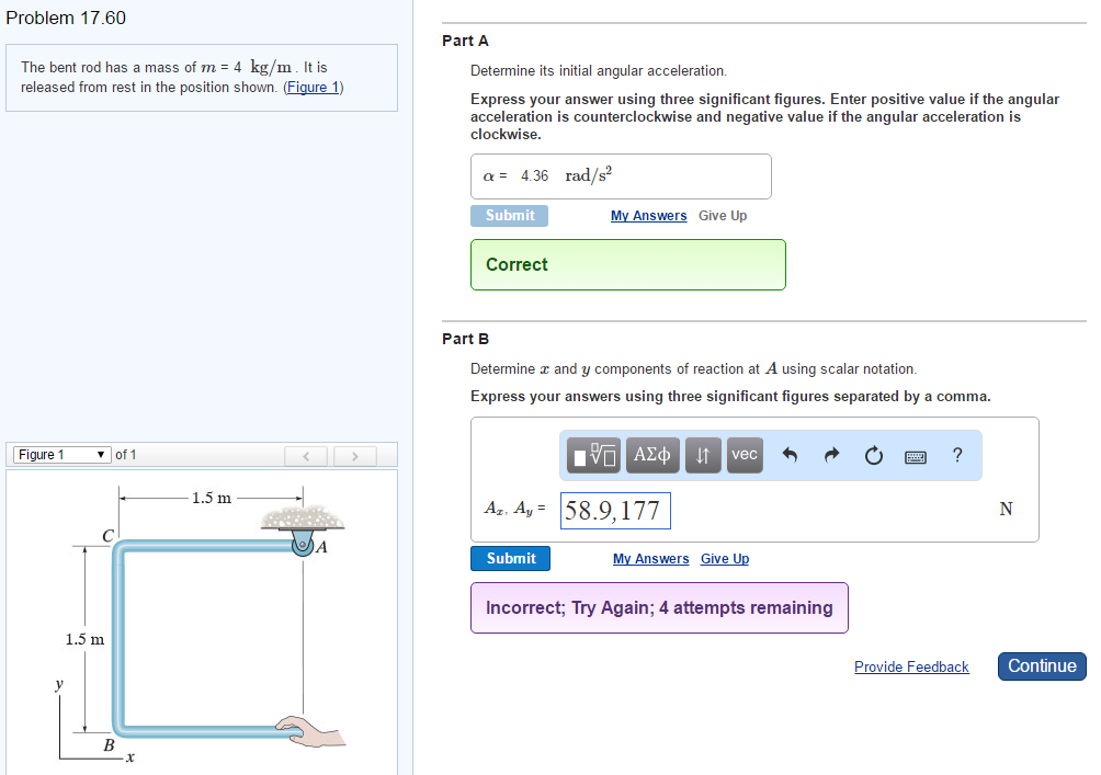 Solved The bent rod has a mass of m = 4 kg/m . It is | Chegg.com
