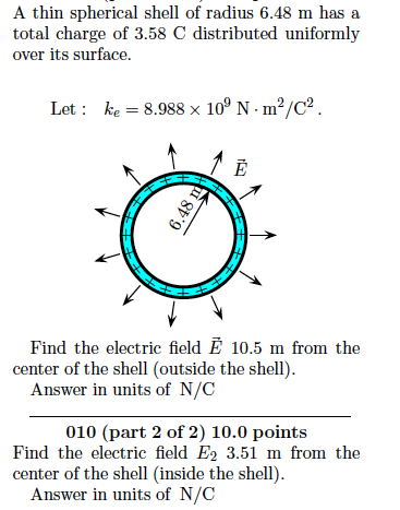 Solved A thin spherical shell of radius 6.48 m has a total | Chegg.com