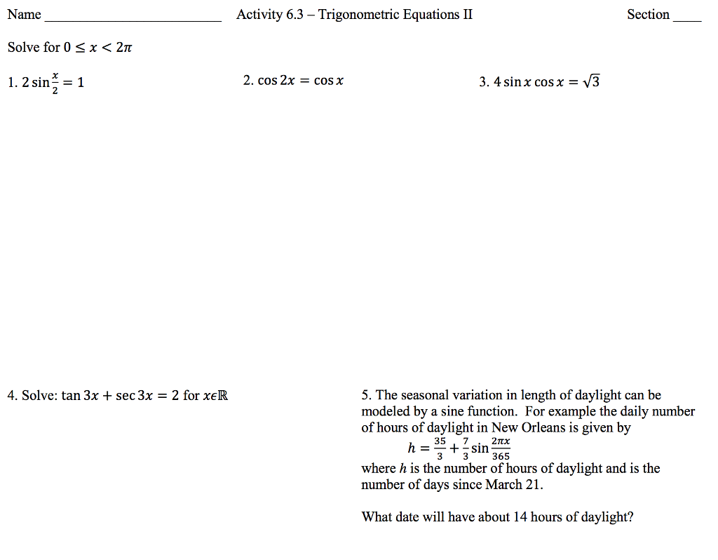 Solved Activity 6.3 Trigonometric Equations II Name Section | Chegg.com
