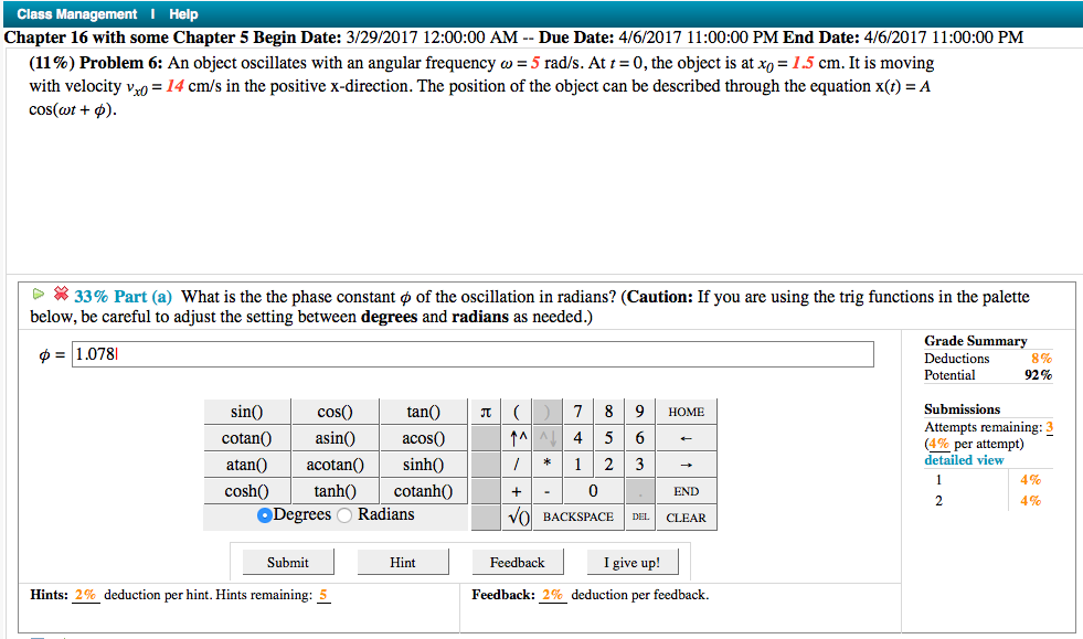 Solved An Object Oscillates With An Angular Frequency Omega 9412