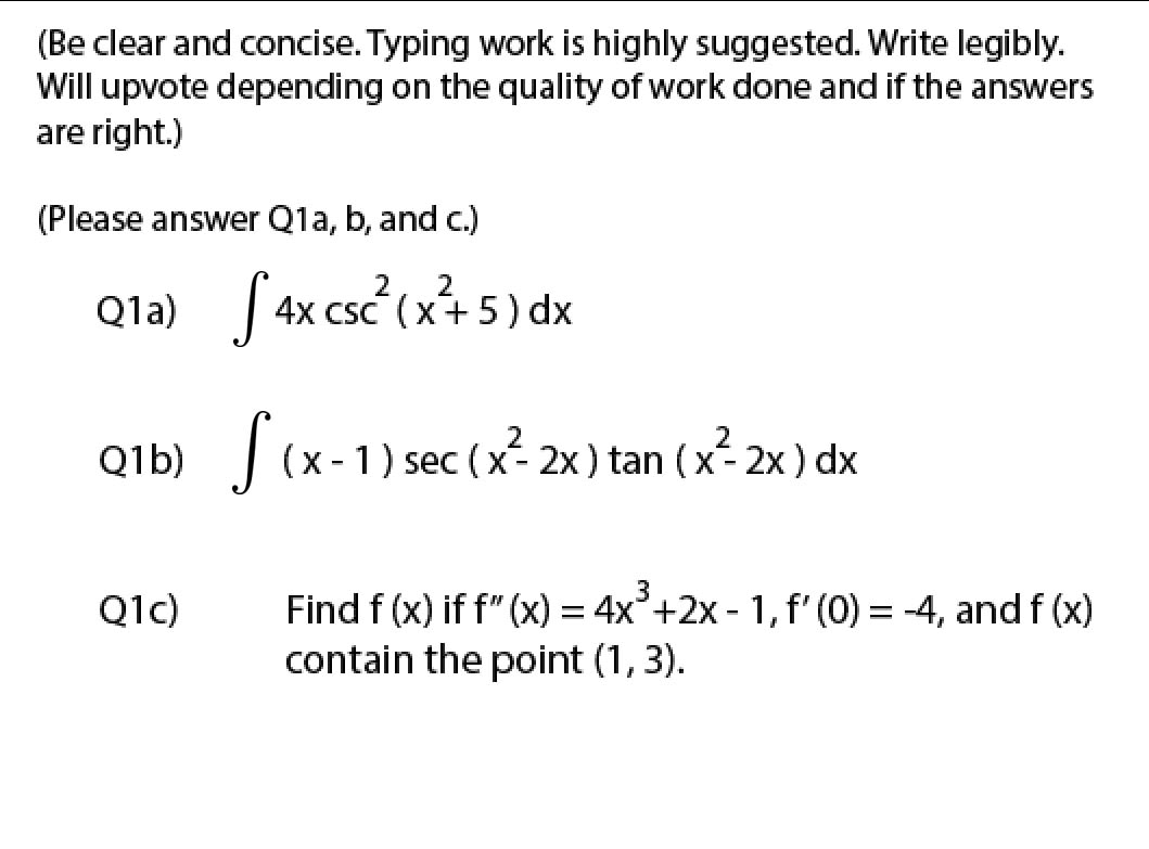 Solved integrate 4x csc^2 (x^2 + 5) dx integrate (x-1) sec | Chegg.com