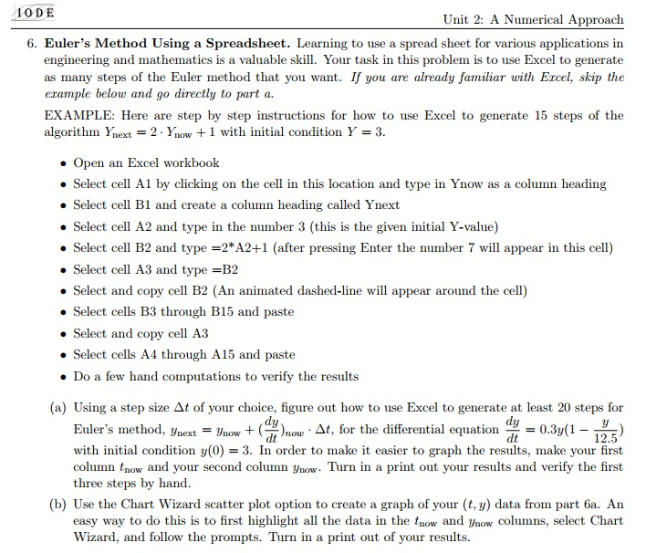 Solved Euler's Method Using a Spreadsheet. Learning to use a | Chegg.com