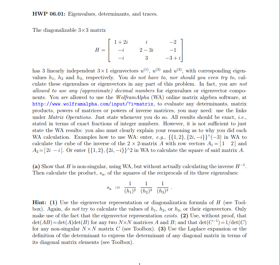 Solved Hwp 06 01 Eigenvalues Determinants And Traces The
