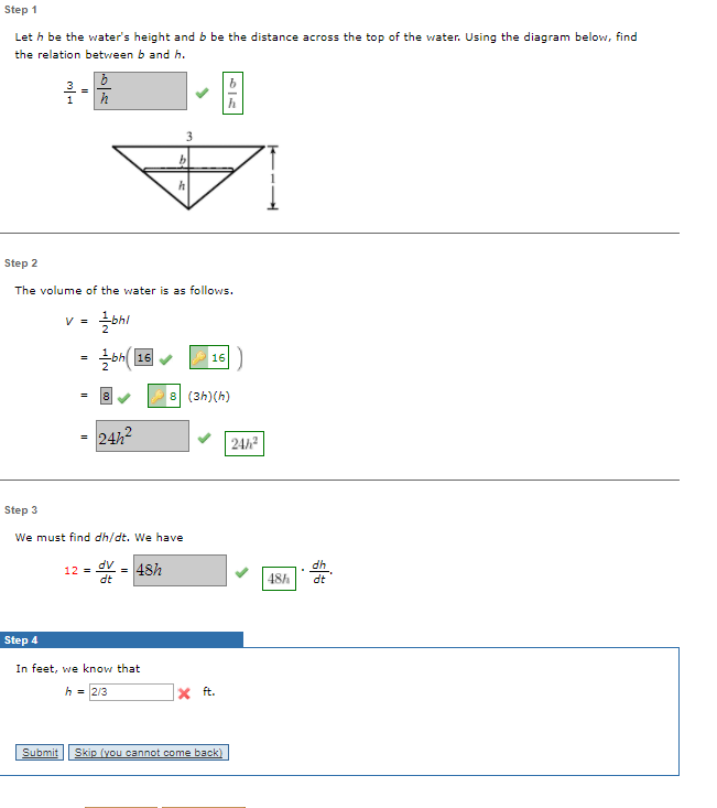Solved Let h be the water's height and b be the distance | Chegg.com