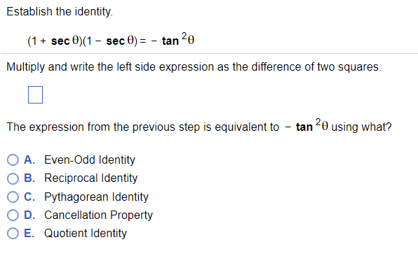 Solved Establish the identity. (1 + sec theta)(1 - sec | Chegg.com
