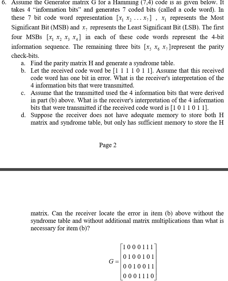 Assume the Generator Matrix G for a Hamming (7, 4) | Chegg.com