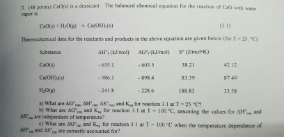 Solved CaO(s) is a desiccant. The balanced chemical equation | Chegg.com