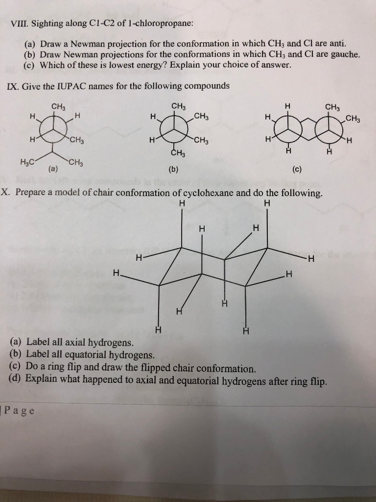 Solved VIII. Sighting along C1-C2 of 1-chloropropane: (a) | Chegg.com