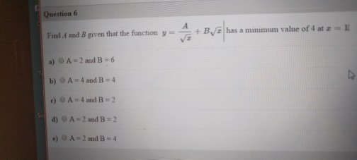 Solved Find A and B given that the function y = A/Squareroot | Chegg.com
