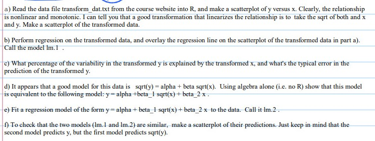 Solved a) Read the data file transform dat.txt from the | Chegg.com