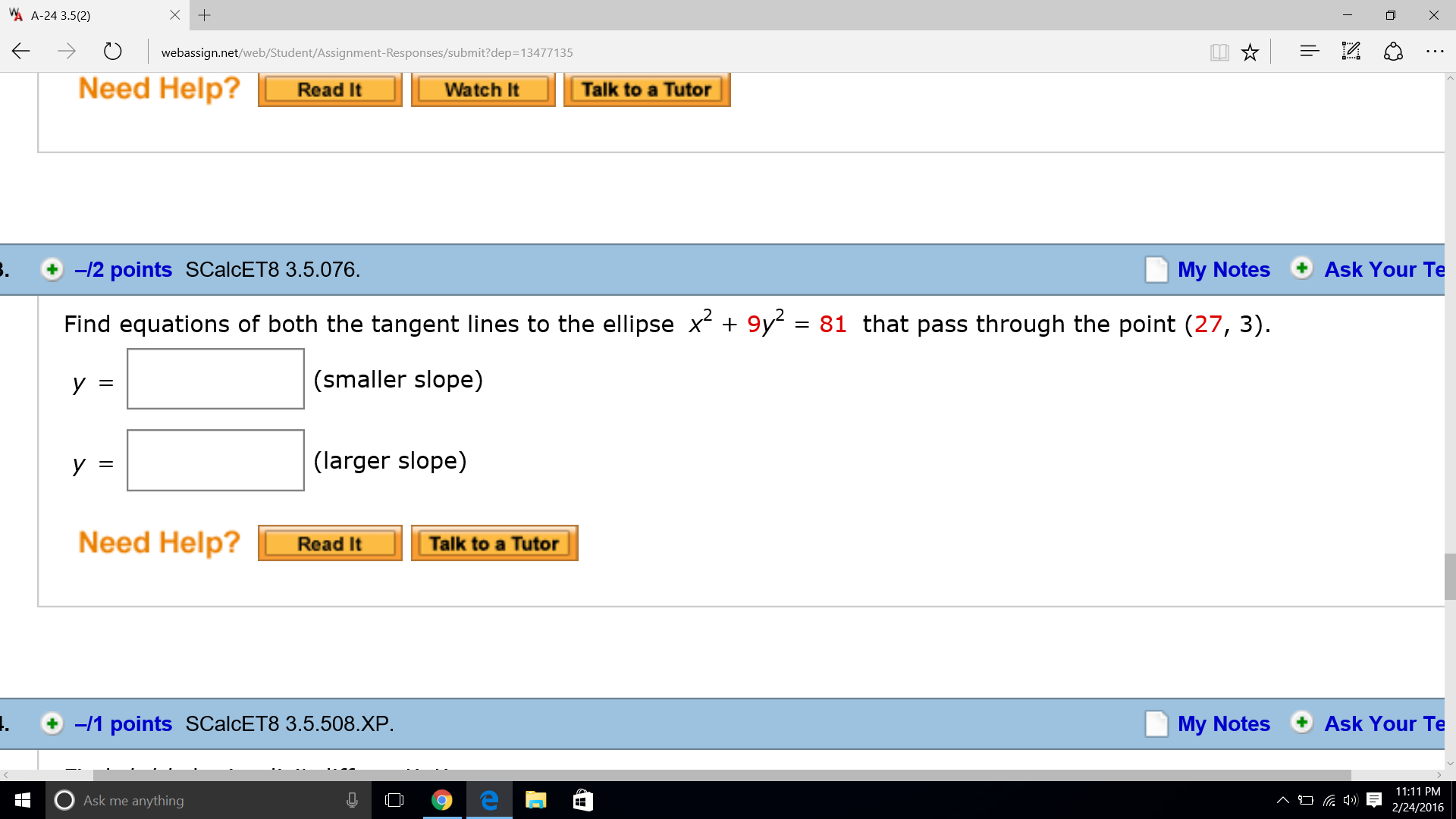 Find Equations of Both the Tangent Lines to the Ellipse
