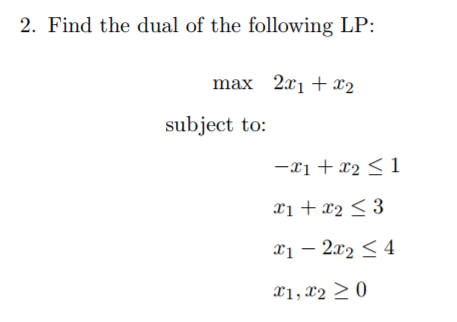 Solved 2. Find the dual of the following LP: max 2xi r2 | Chegg.com