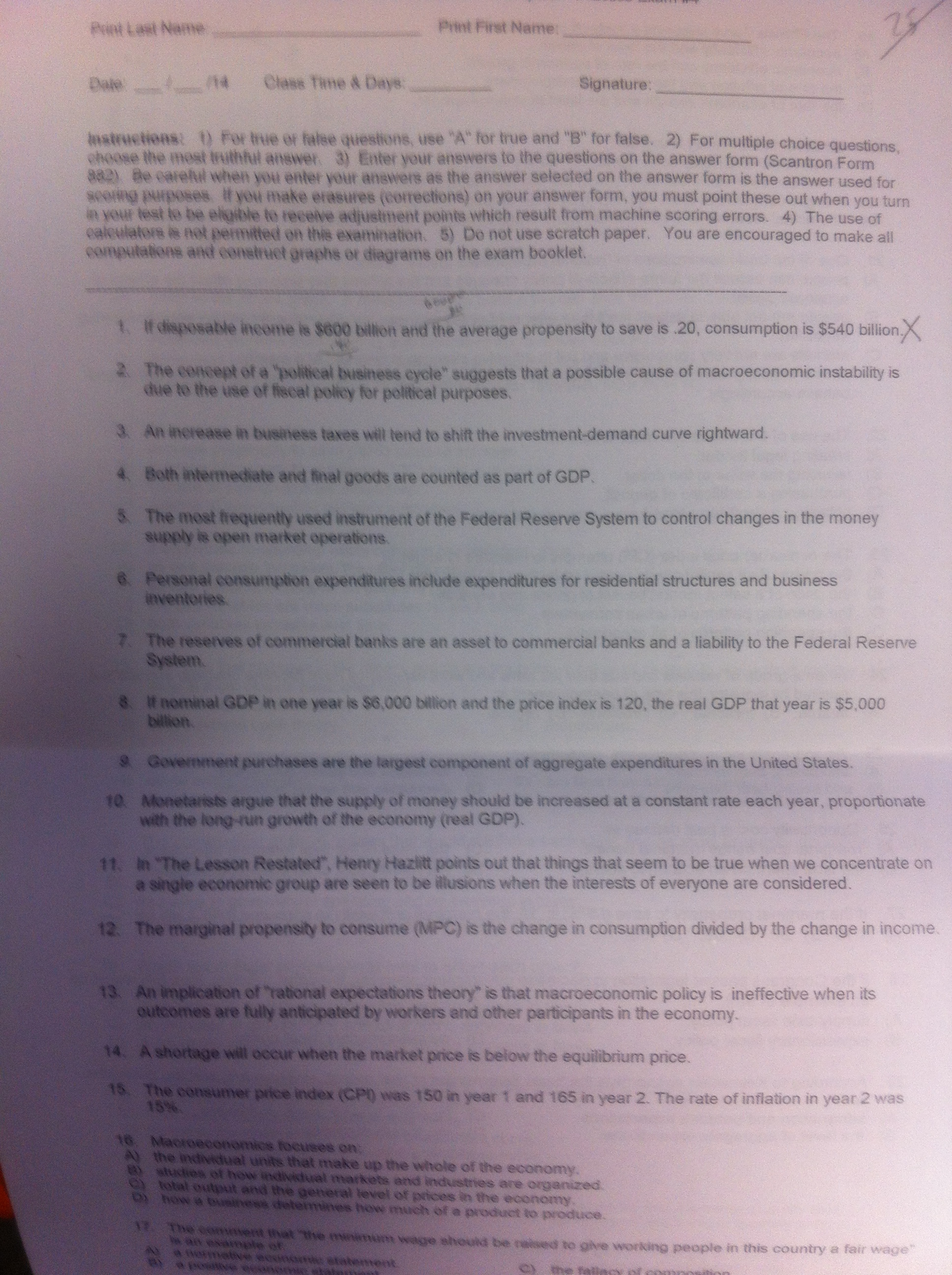 Instructions: 1) For true or false questions, use "A" | Chegg.com
