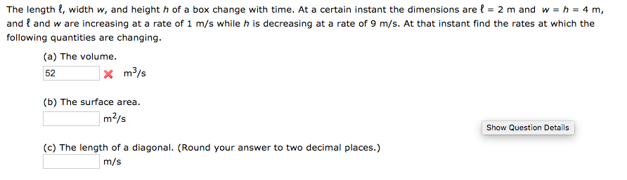 Solved The length l, width w, and height h of a box change | Chegg.com