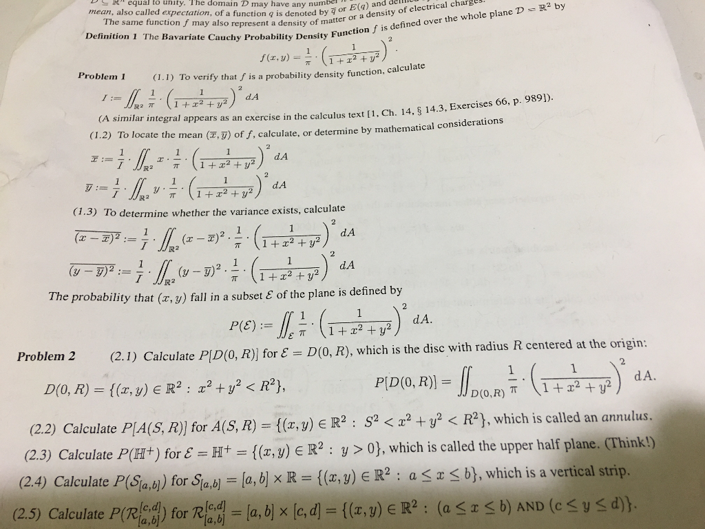 Solved Definition 1 The Bavariate Cauchy Probability Density | Chegg.com