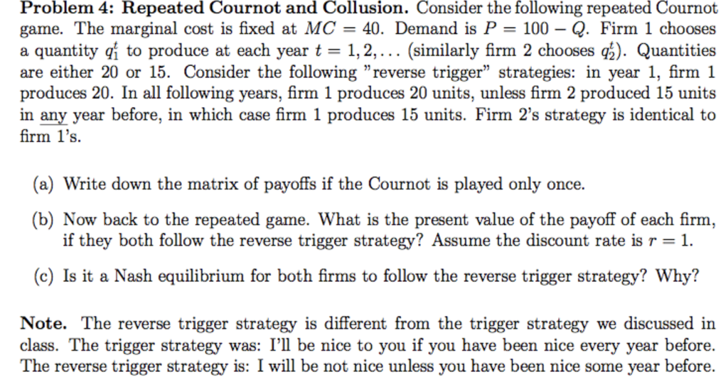 Solved Problem 4: Repeated Cournot and Collusion. Consider | Chegg.com