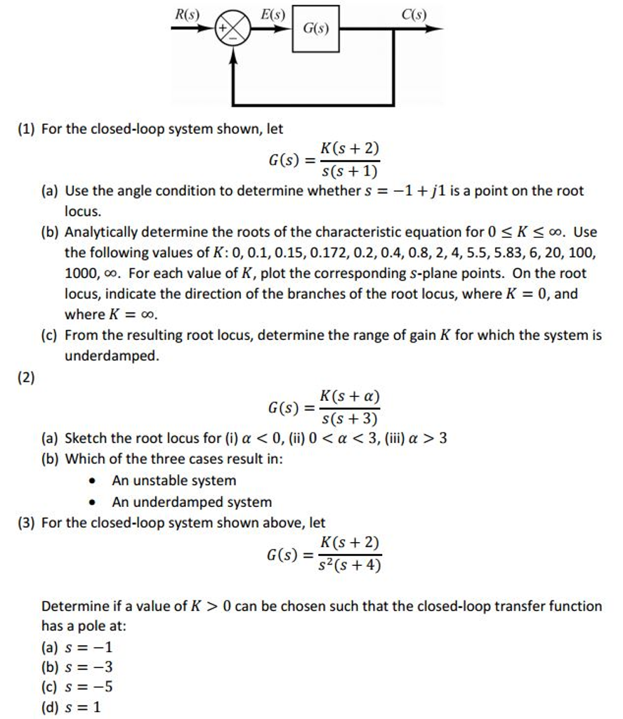 Solved For the closed-loop system shown, let G(s) = K(s + | Chegg.com