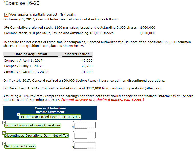 Solved *Exercise 16-20 Your answer is partially correct. Try | Chegg.com
