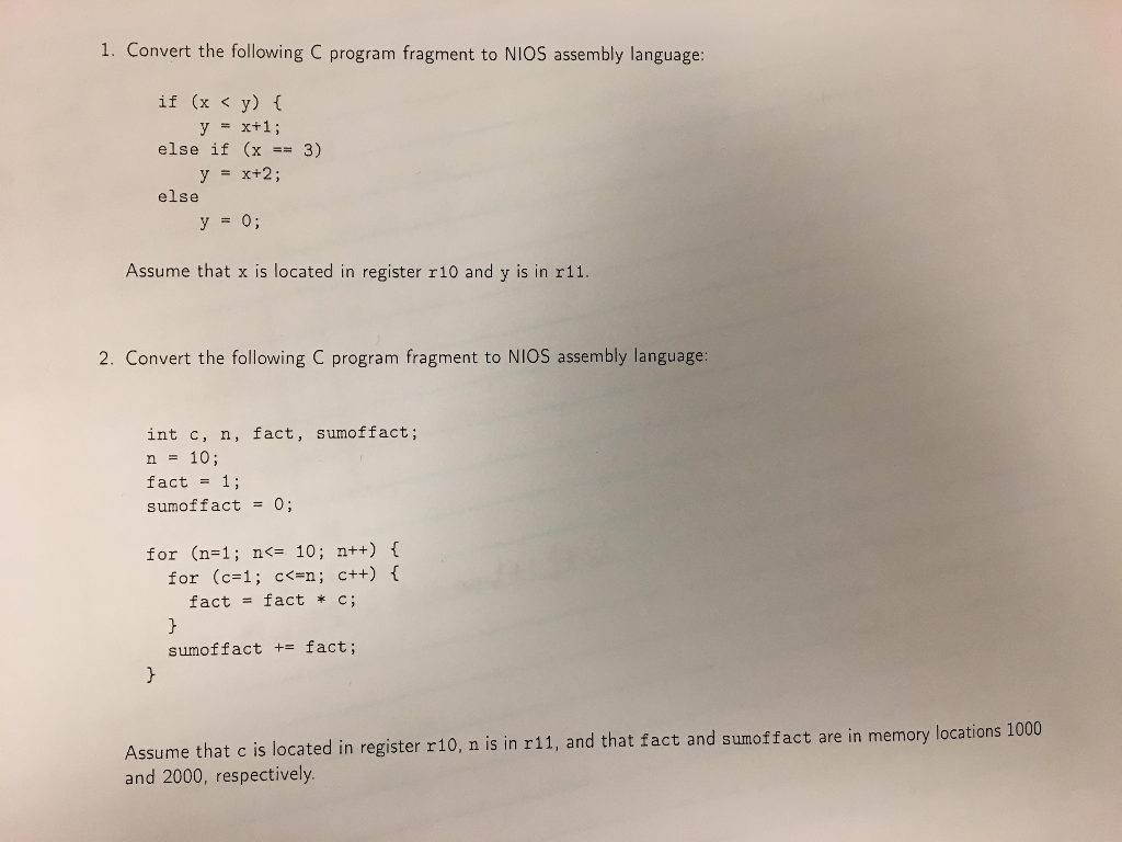 Solved Convert the following C program fragment to NIOS | Chegg.com
