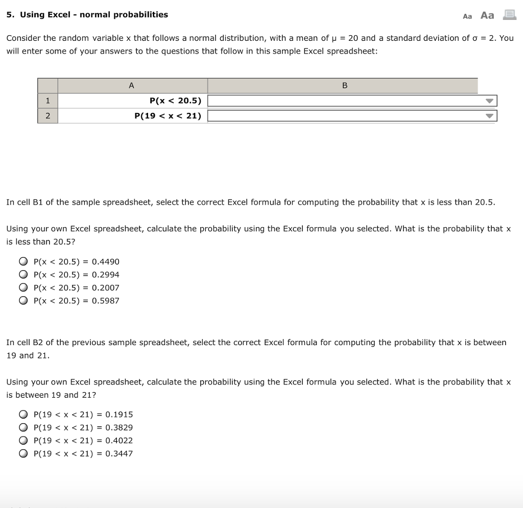 Solved 5. Using Excel - normal probabilities Aa AaB Consider | Chegg.com