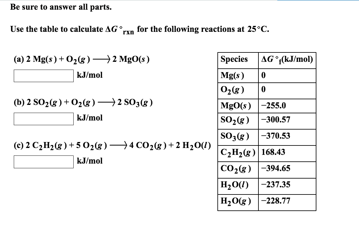 Solved Use the table to calculate AG degree_rxn for the | Chegg.com