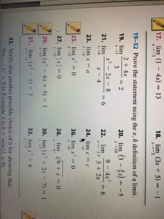 Solved 17. lim (1 4x) 13 18. lim (3x 5) -1 19-32 Prove the | Chegg.com