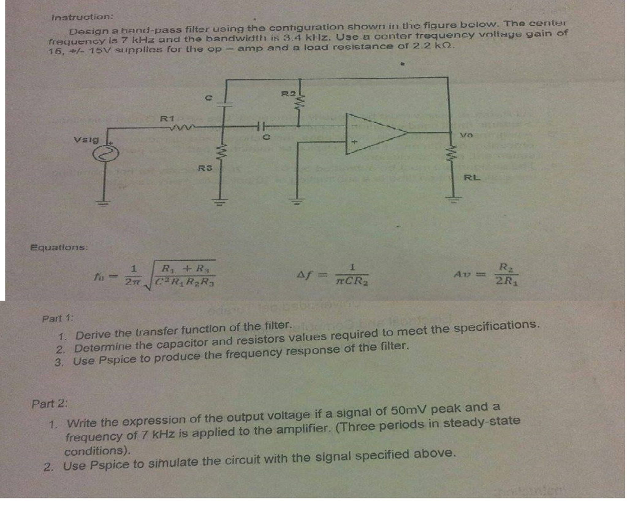 Design a bandpass filter using the configuration | Chegg.com