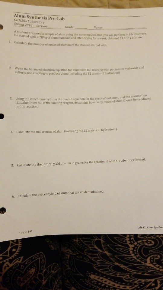 Solved Alum Synthesis Pre-Lab CHM205 Laboratory Spring 2018 | Chegg.com