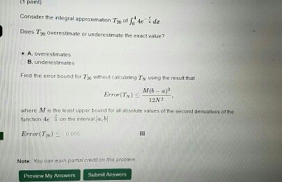 Solved Consider the integral, approximation T_20 of | Chegg.com