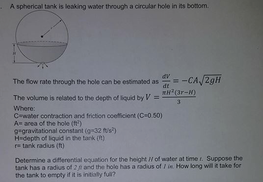 Solved A spherical tank is leaking water through a circular | Chegg.com