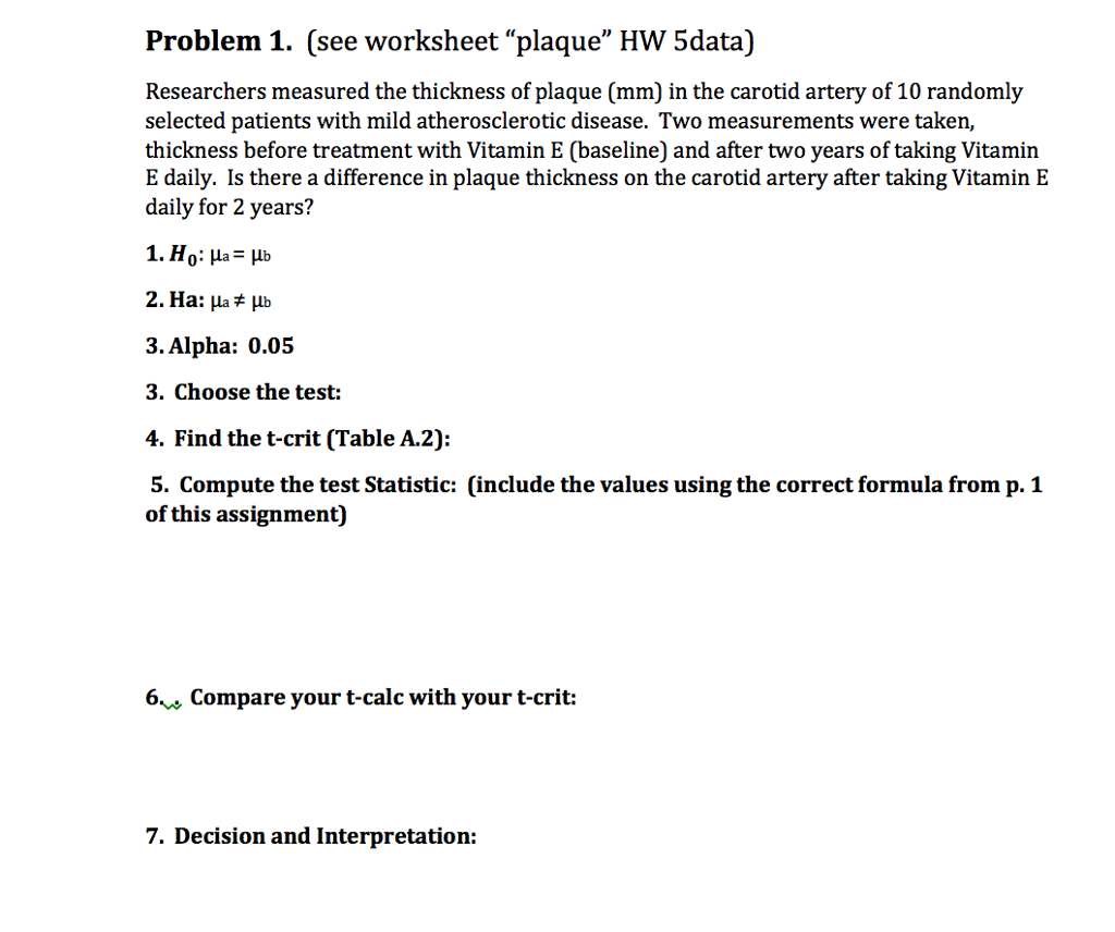 Solved Problem 1. (see worksheet "plaque" HW 5data) | Chegg.com