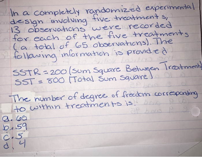 Solved In a completely randomized experimental design | Chegg.com
