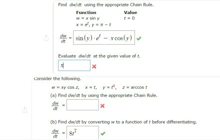 Solved Find dw/dt using the appropriate Chain Rule. Value | Chegg.com