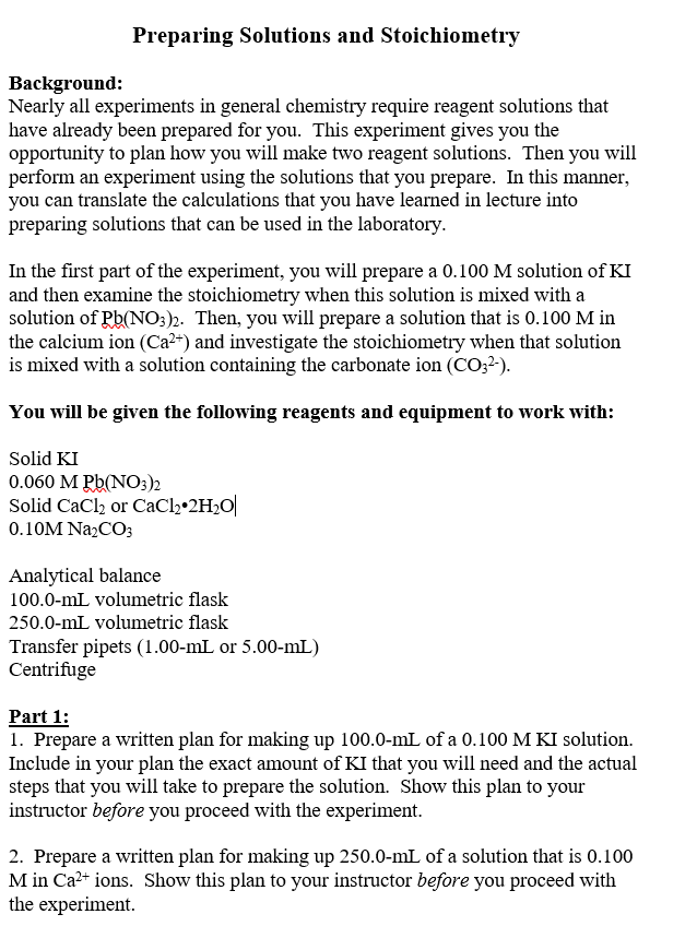 Solved Preparing Solutions and Stoichiometry Background: | Chegg.com