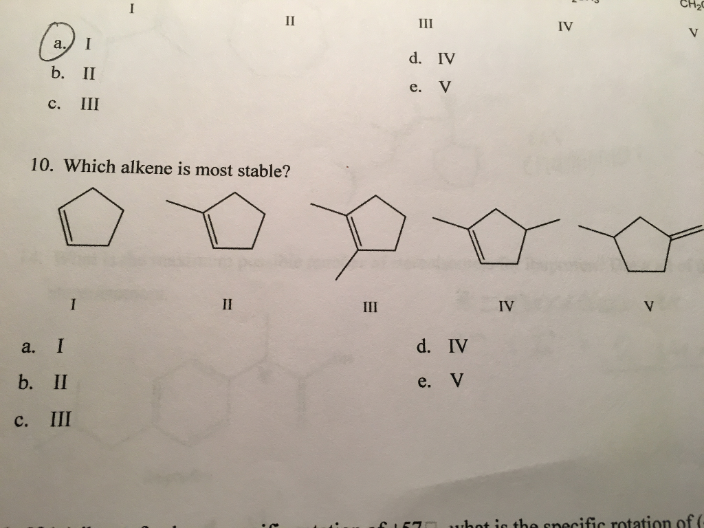 Solved Which alkene is most stable? a. I b. II c. III d. | Chegg.com