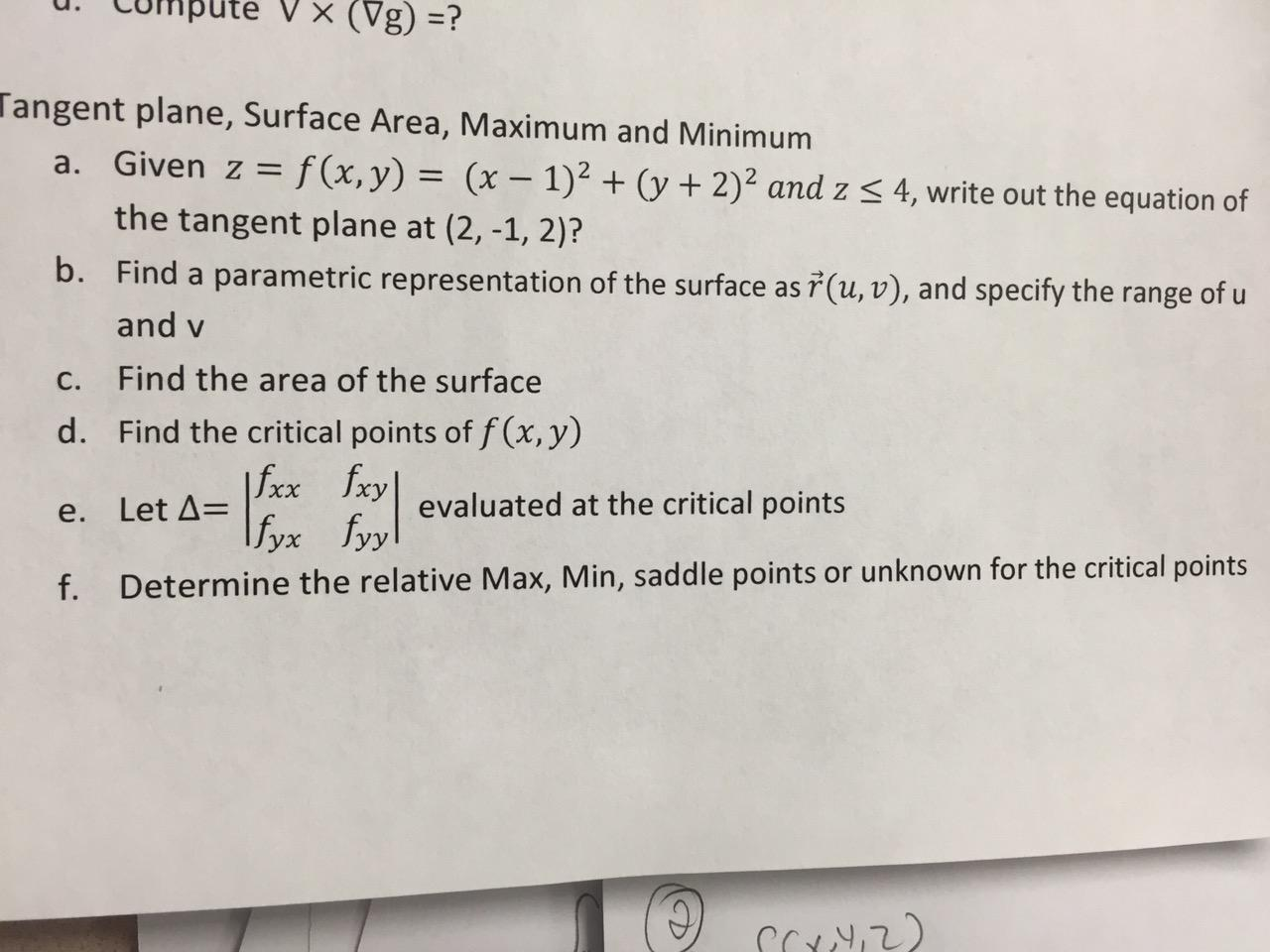Solved Tangent plane, Surface Area, Maximum and Minimum | Chegg.com
