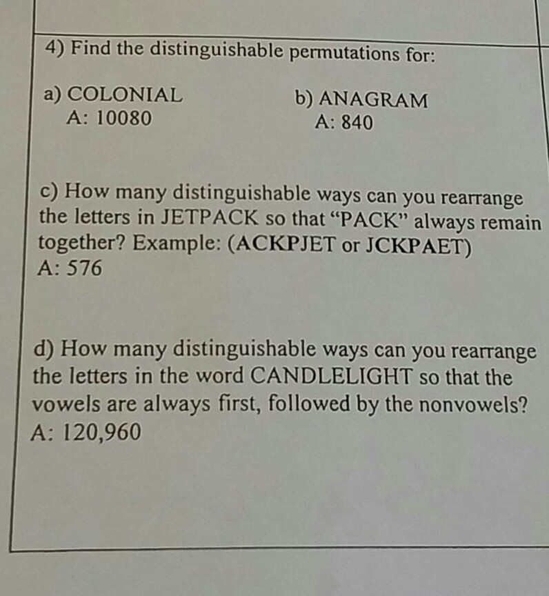 Solved Find the distinguishable permutations for: a) | Chegg.com Solved Find the distinguishable permutations for: a) | Chegg.com