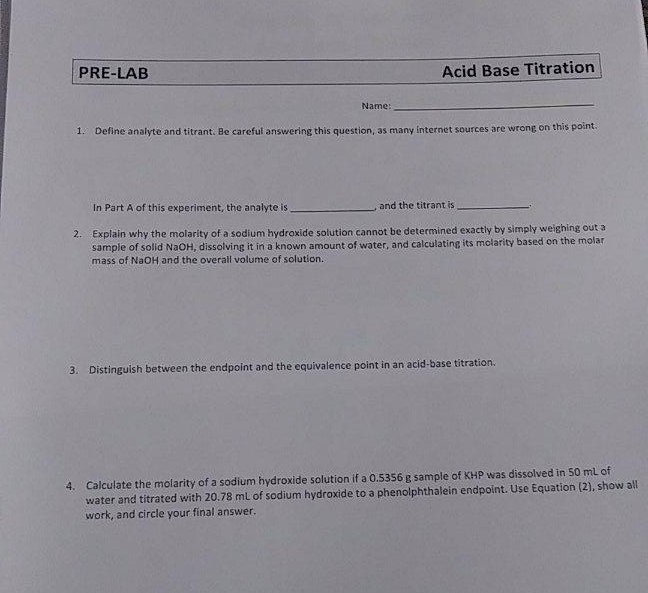 Solved PRE-LAB Acid Base Titration Name: 1. Define analyte | Chegg.com