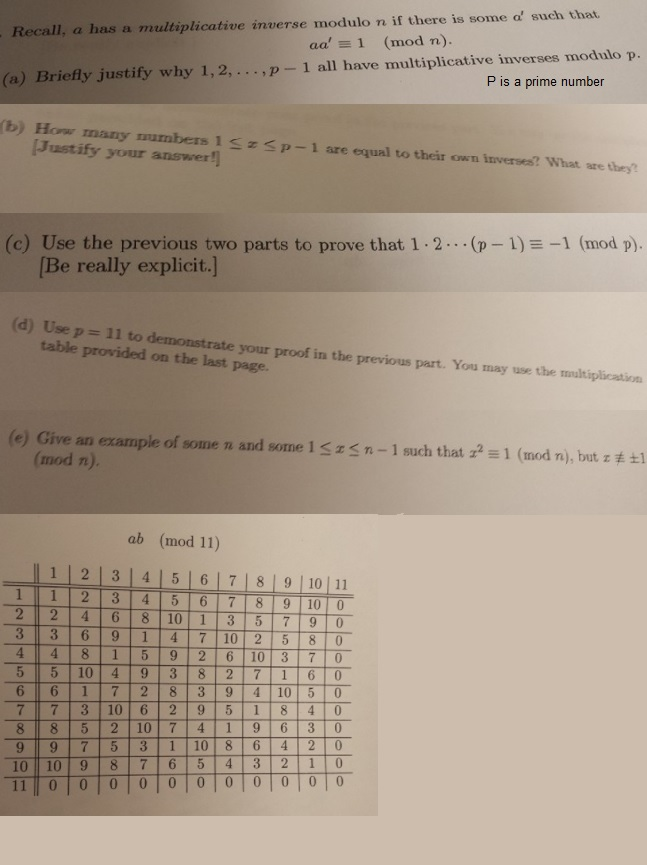 Solved I, a has a multiplicative inverse modulo n if there | Chegg.com