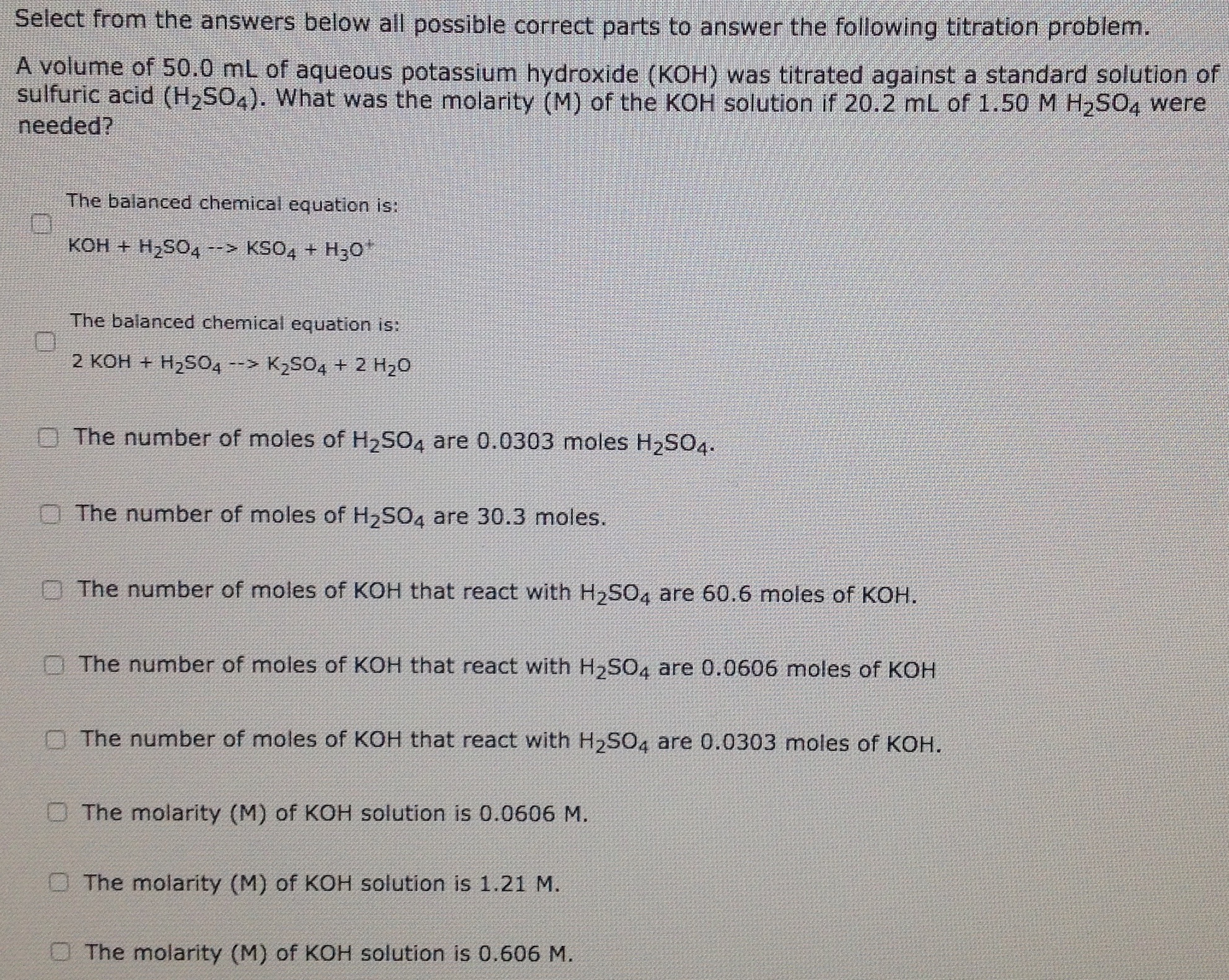Solved A volume of 50.0 mL of aqueous potassium hydroxide | Chegg.com