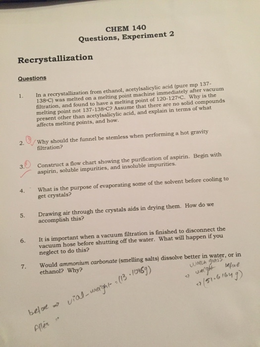Solved CHEM 140 Questions, Experiment 2 Recrystallization | Chegg.com