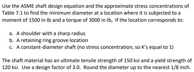 Solved Use the ASME shaft design equation and the | Chegg.com