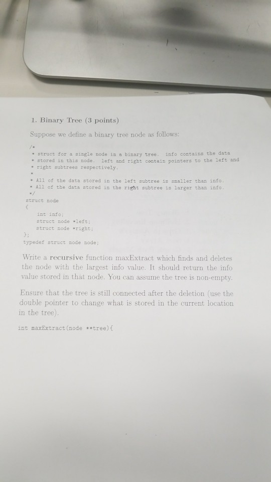 Solved 1. Binary Tree (3 points) Suppose we define a binary | Chegg.com